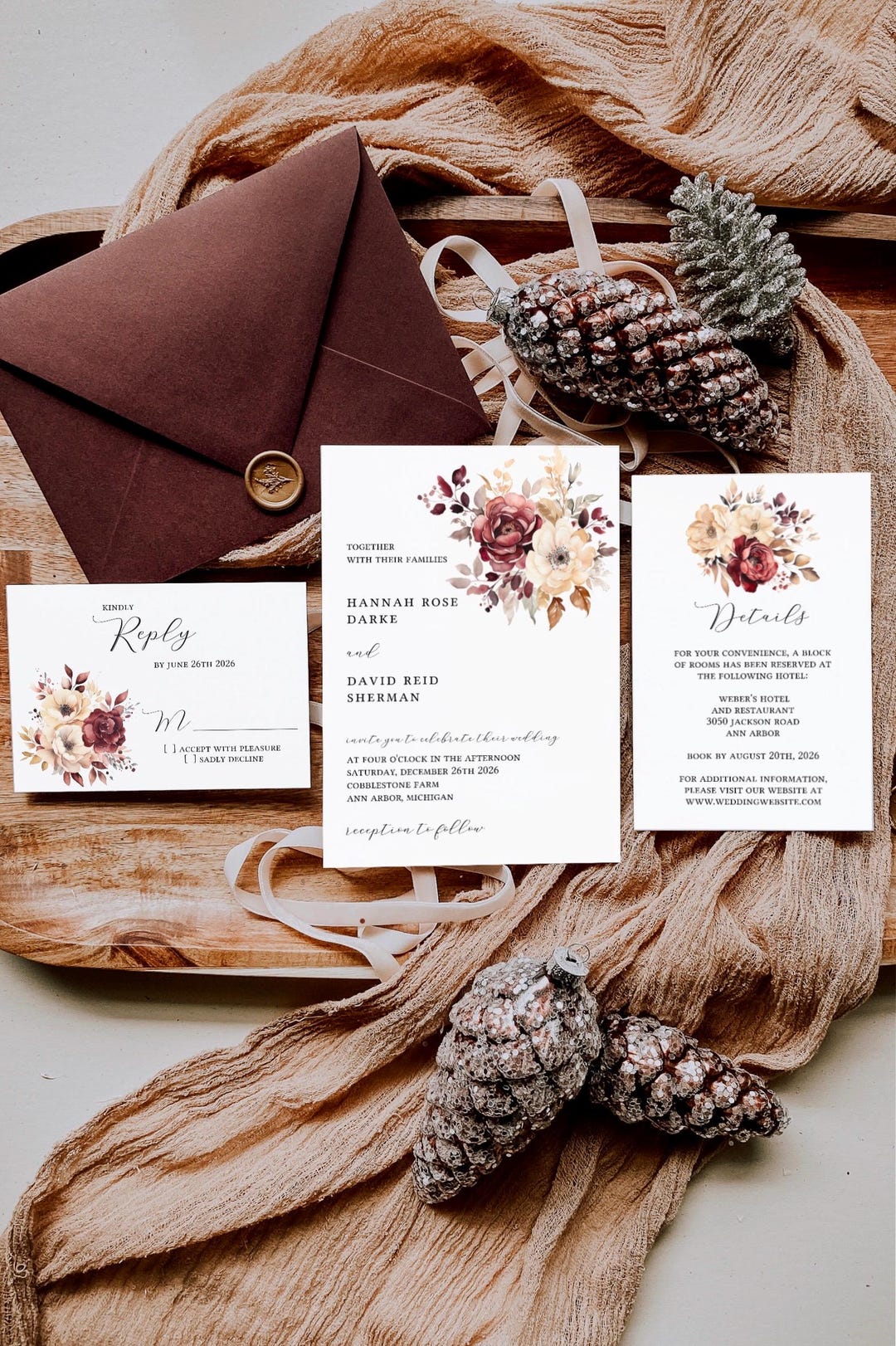 Winter Florals Digital Wedding Invitation Suite Elegant Wedding Invite ...