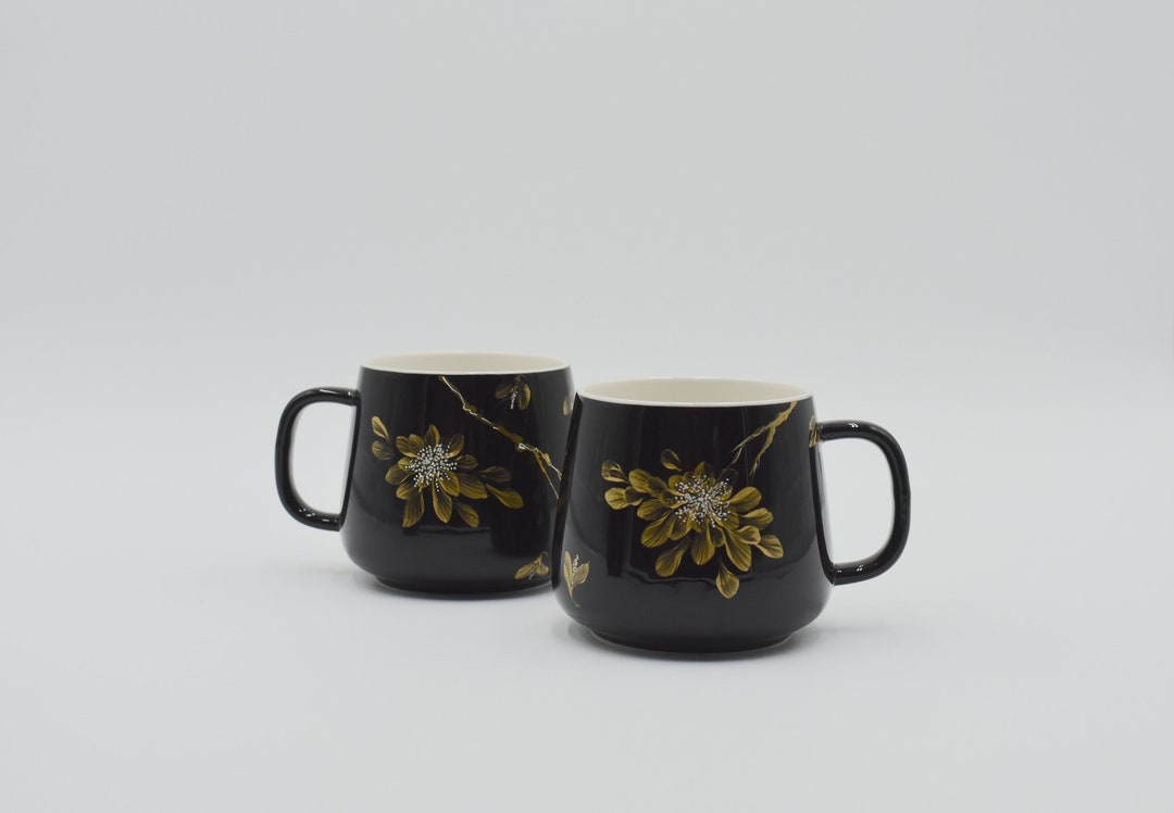 Black & Gold Bloom 16 Oz Porcelain Mugs set of 4 - Etsy