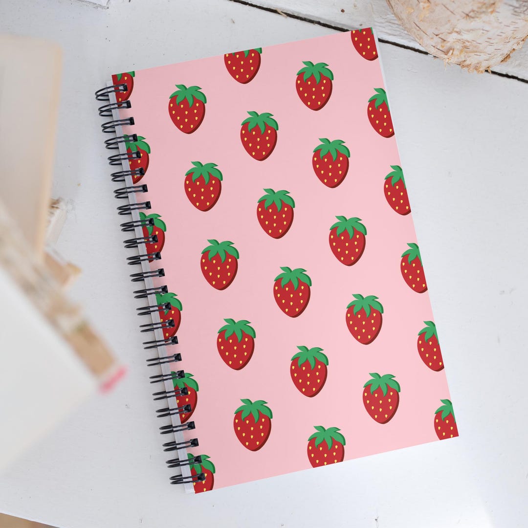 Kawaii Strawberry Print Spiral Notebook, Strawberry Aesthetic, Pink ...