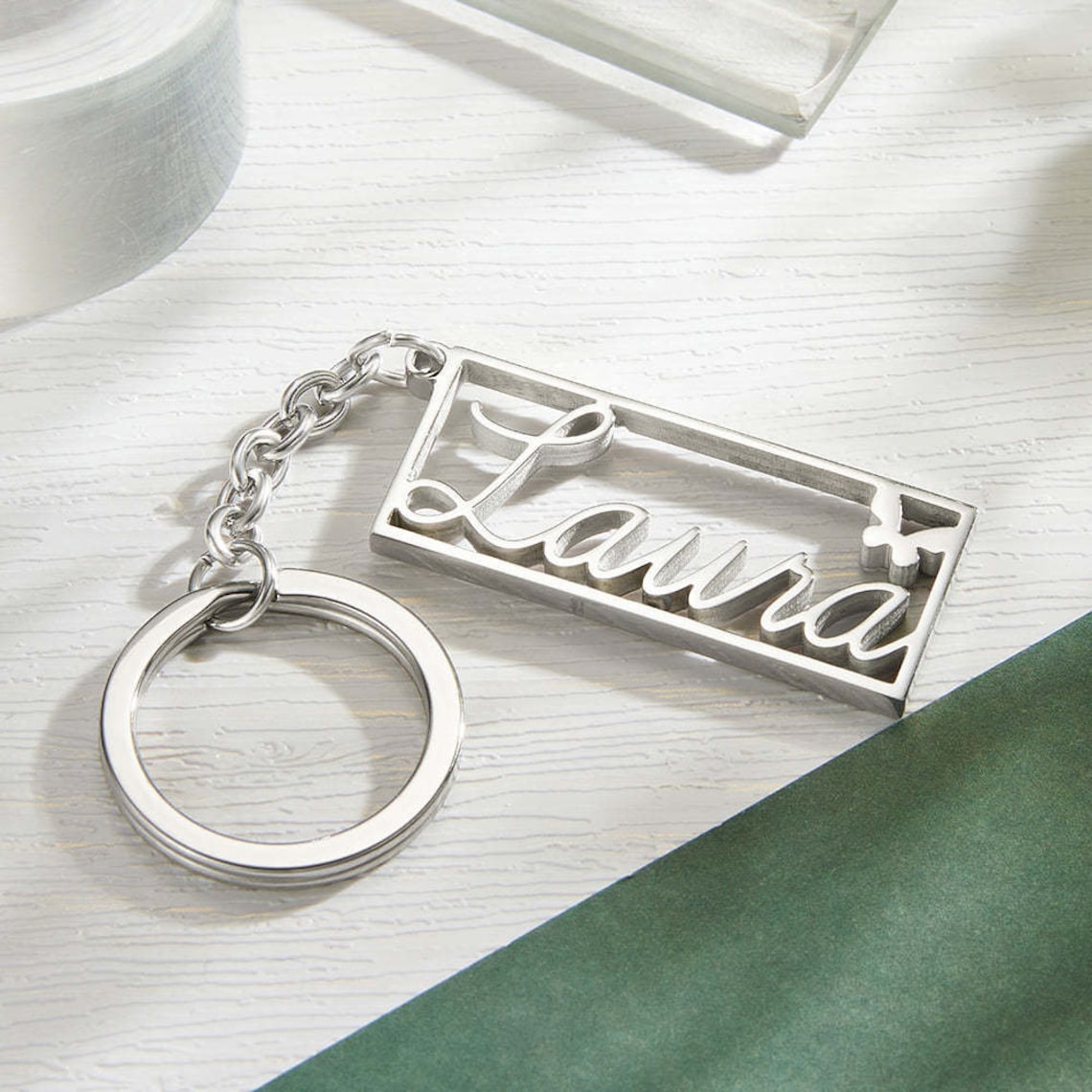Personalized Name Rectangle Border Keychain Custom Text Stainless Steel ...
