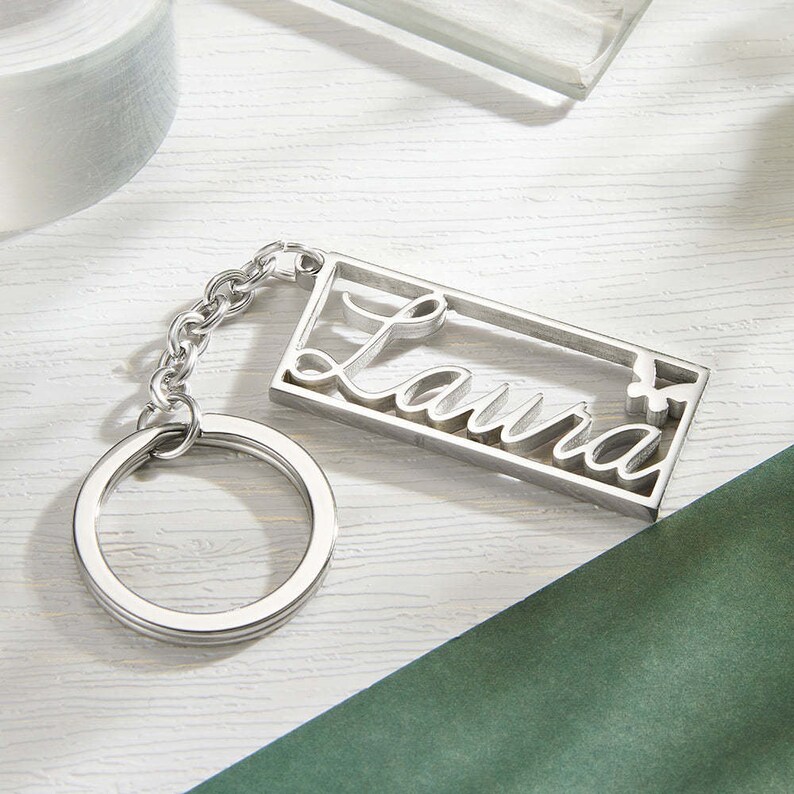 Personalized Name Rectangle Border Keychain Custom Text Stainless Steel ...