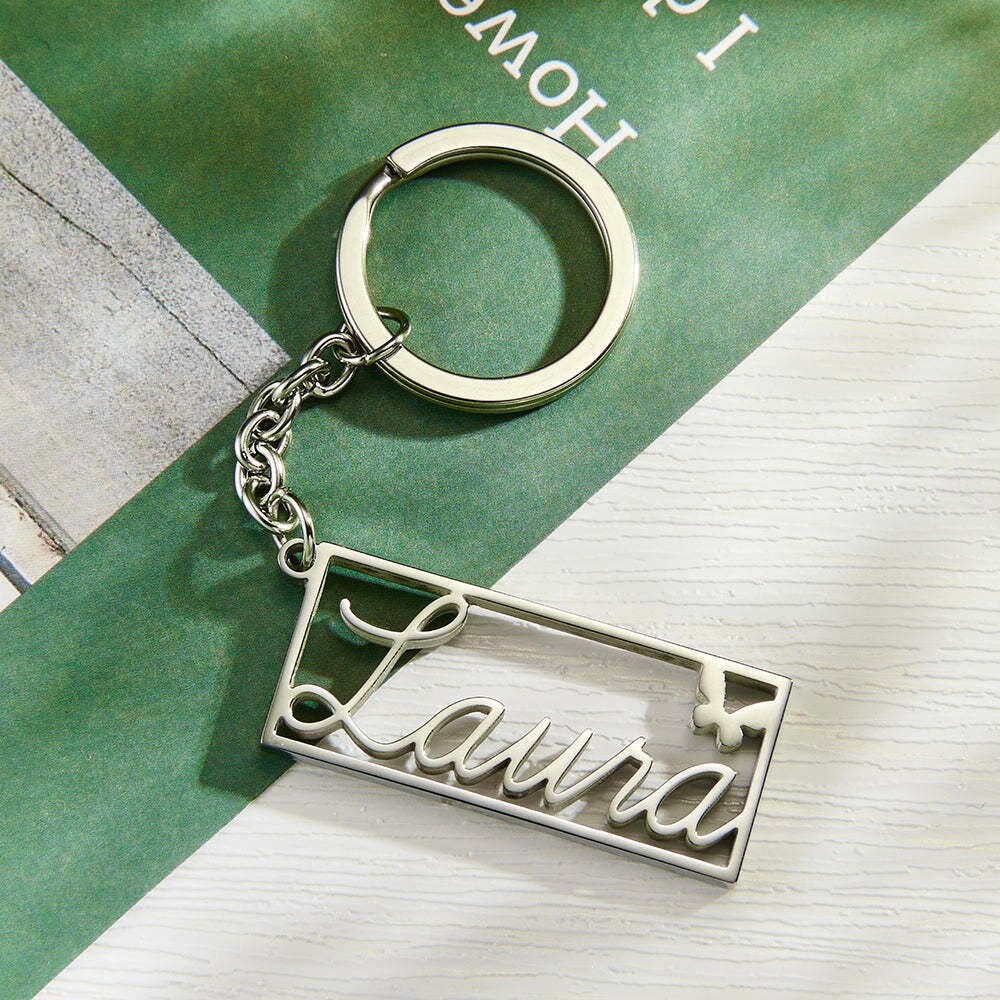 Personalized Name Rectangle Border Keychain Custom Text Stainless Steel ...