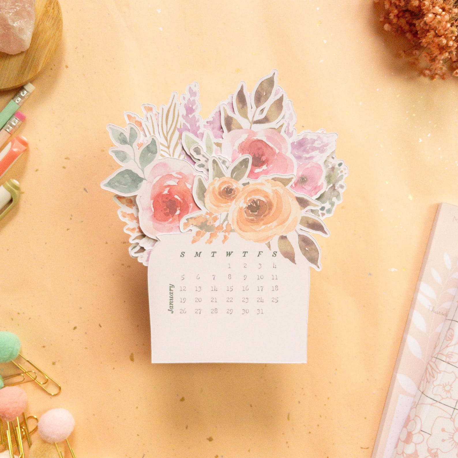 Floral Bouquet Desk Calendar: Start Any Month, 12 Months (no Stand) - Etsy