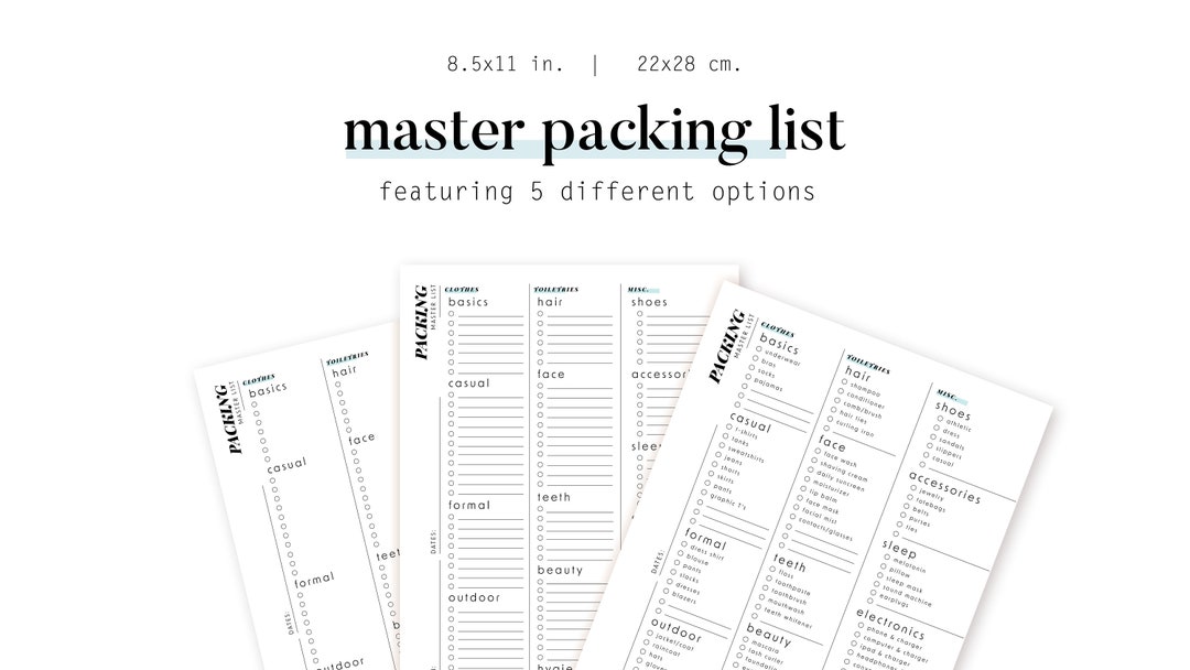 Master Packing List Printable Download, 5 Different Versions for a ...