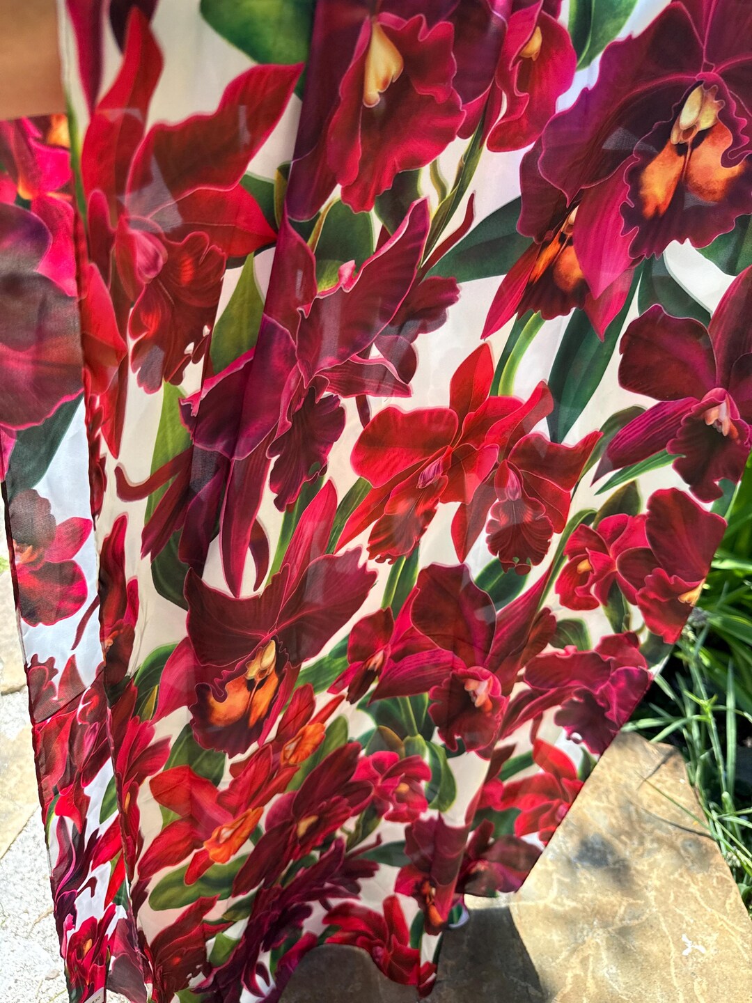 Satin Silk Orchid Scarf: Red-white Hand Painted Scarves - Etsy