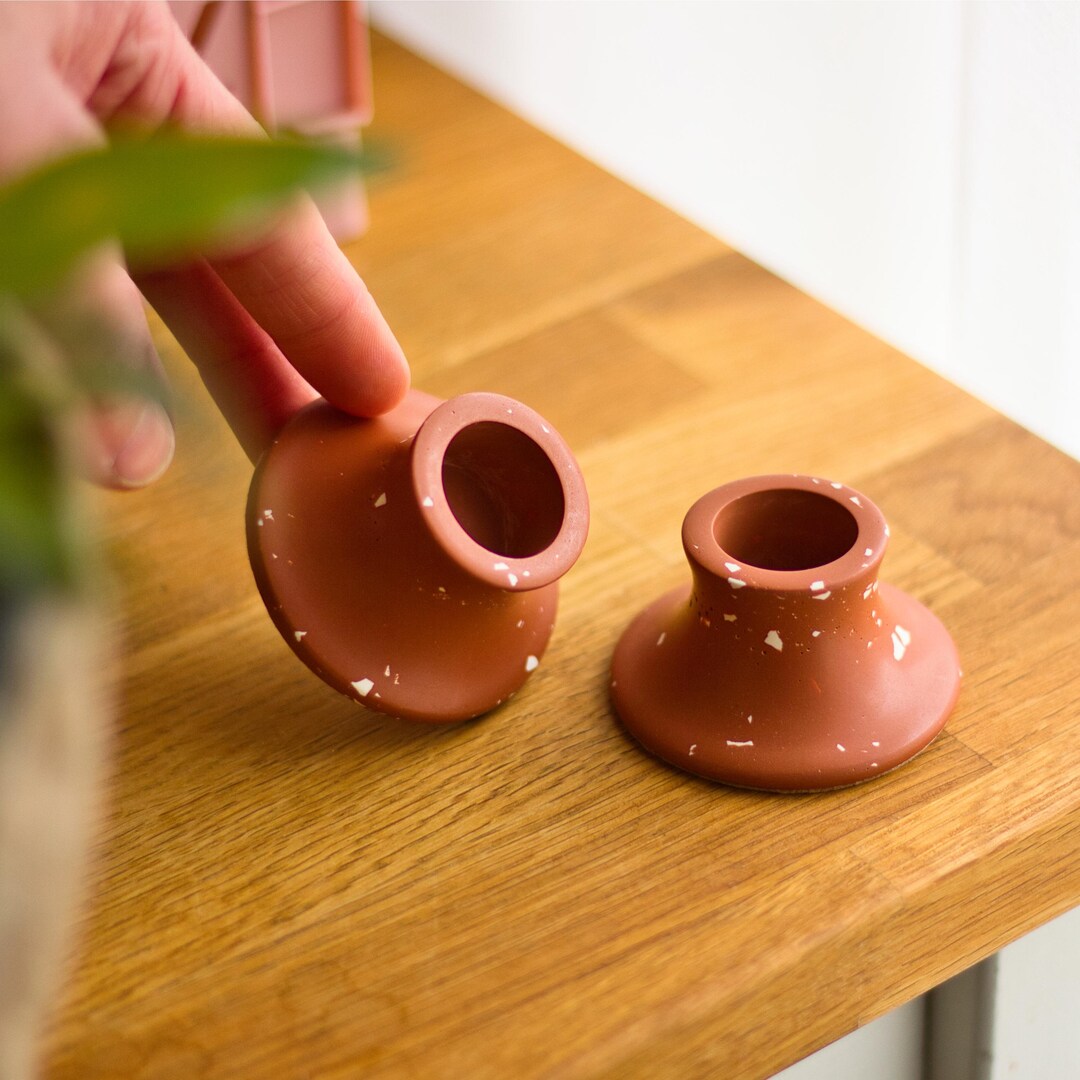Set of Two Terracotta Terrazzo Candle Holders, Candle Holders for Table, Brown Color Home Decor ...