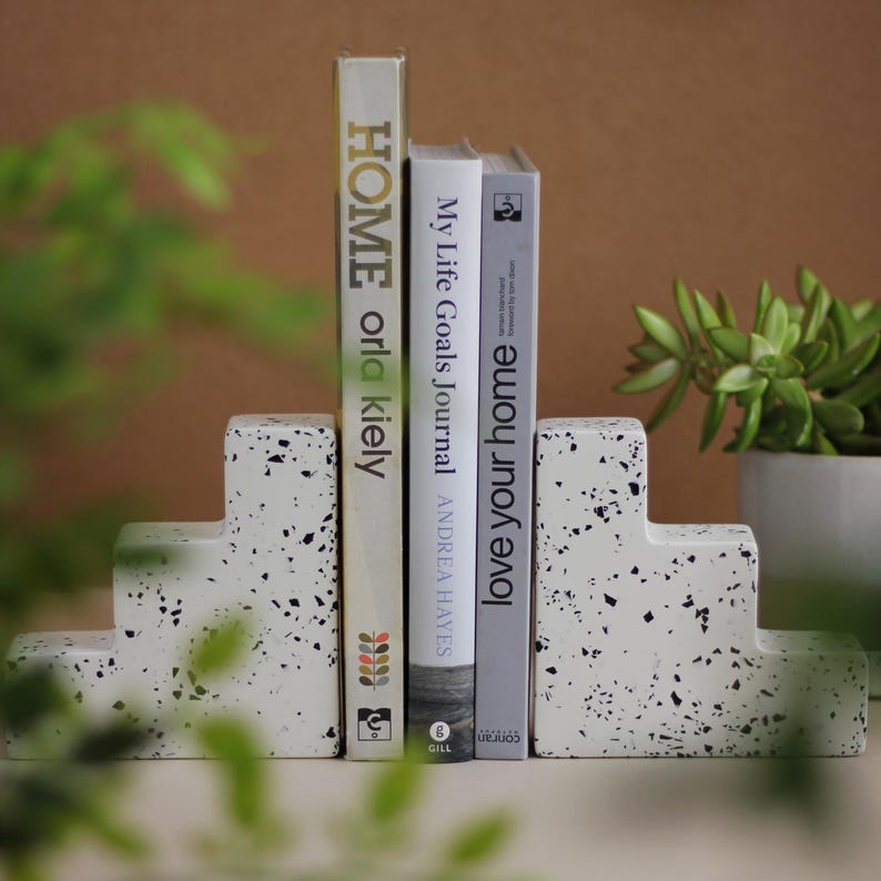Pair of Steps-shaped White Terrazzo Bookends Modern Minimalist Bookend ...