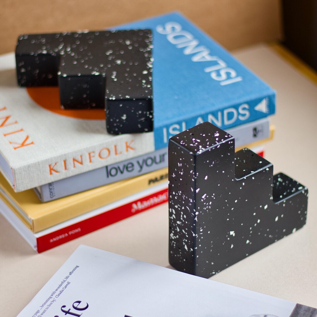 Pair of Steps-shaped Black Terrazzo Bookends - Modern Minimalist ...