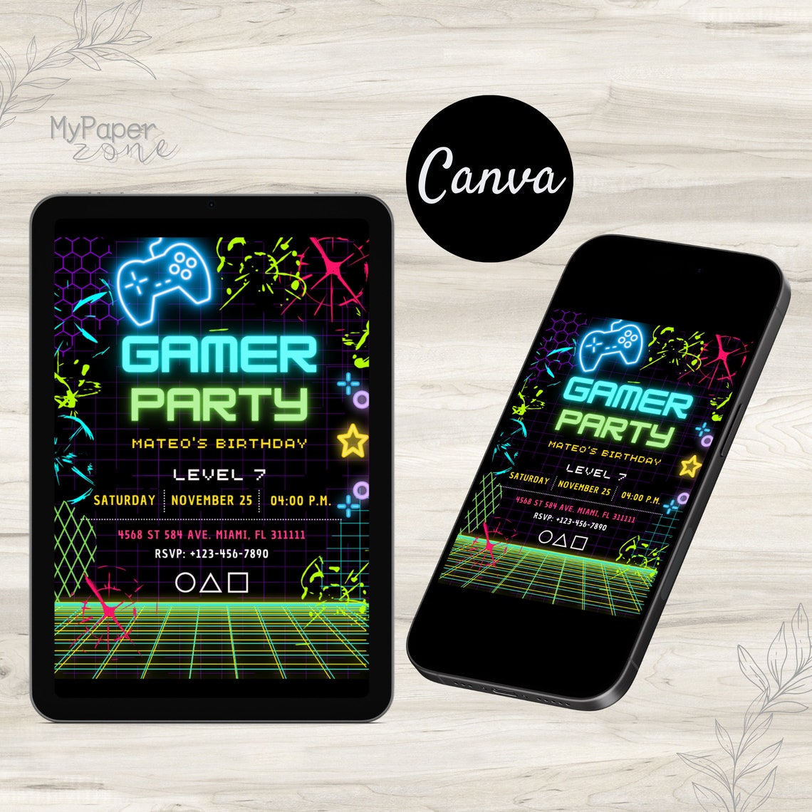 Gamer Party Birthday Invitation, Printable Neon, Glow Boy, Video Game ...