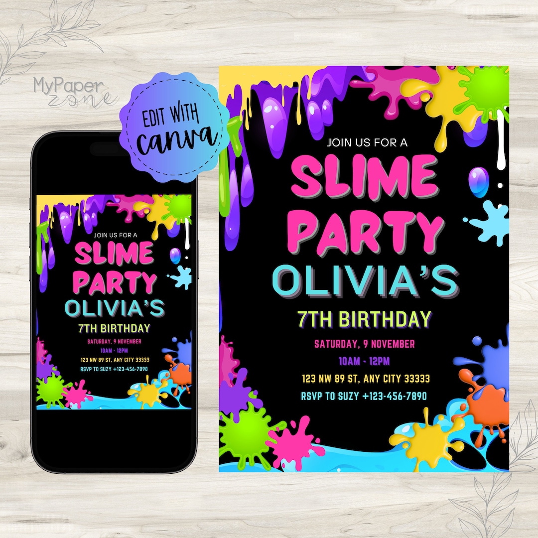 Slime Party Birthday Invitation, Slime Party Editable Invitation, Neon ...