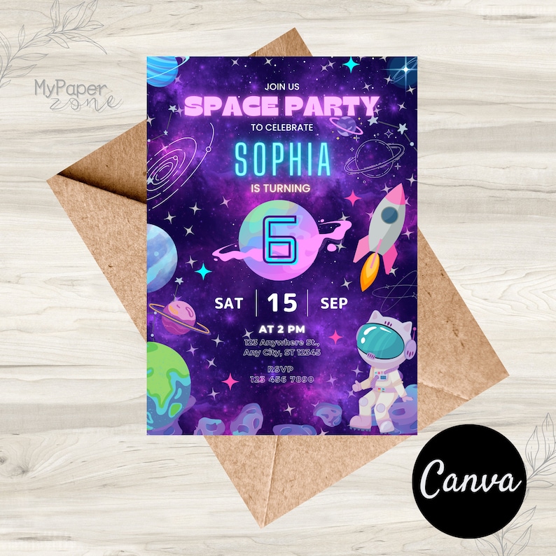 Girl Space Invitation, Girl Space Party Invitation, Rocket Invitation ...