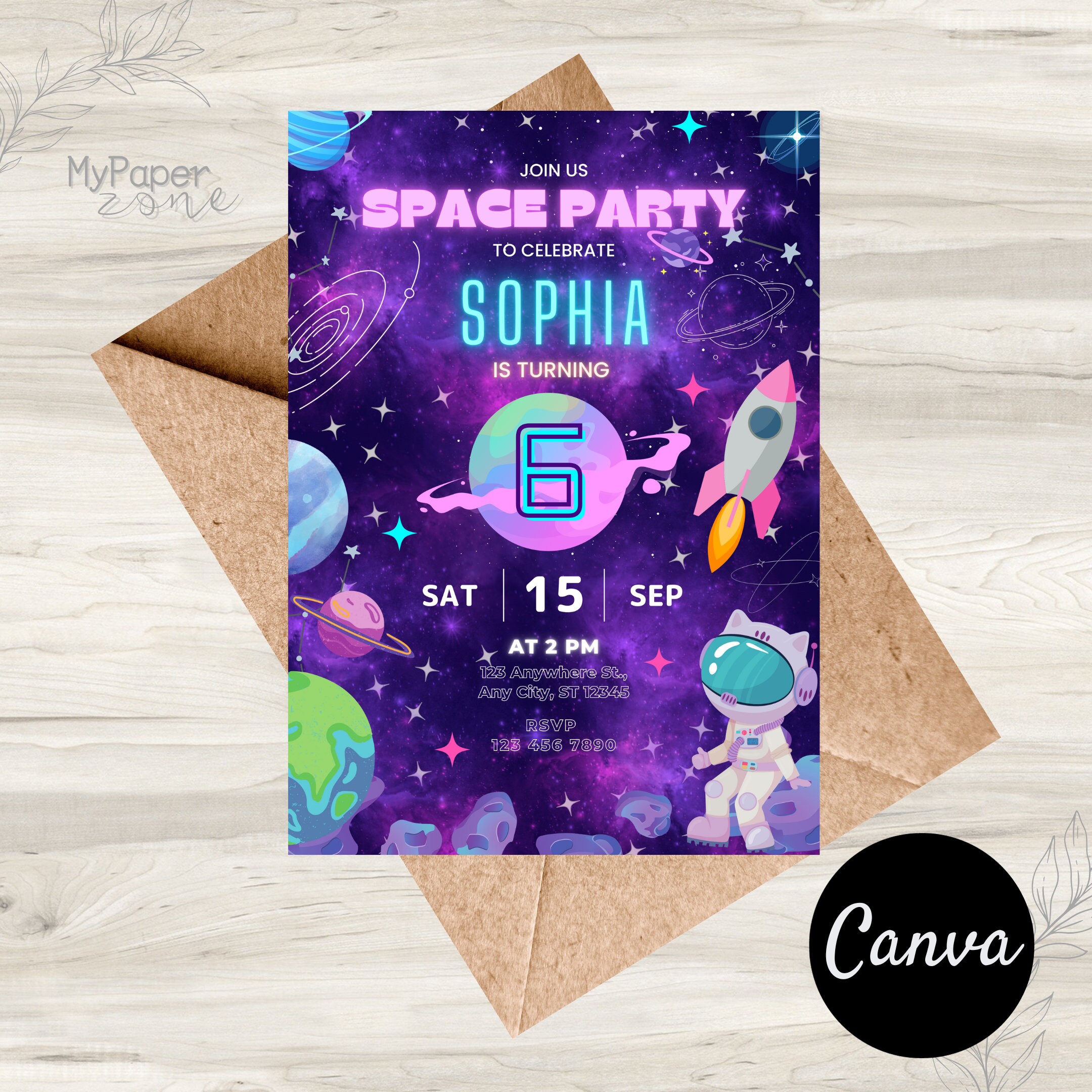Girl Space Invitation, Girl Space Party Invitation, Rocket Invitation ...