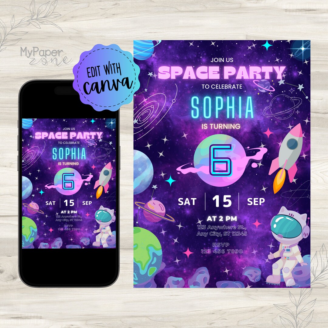 Girl Space Invitation, Girl Space Party Invitation, Rocket Invitation ...