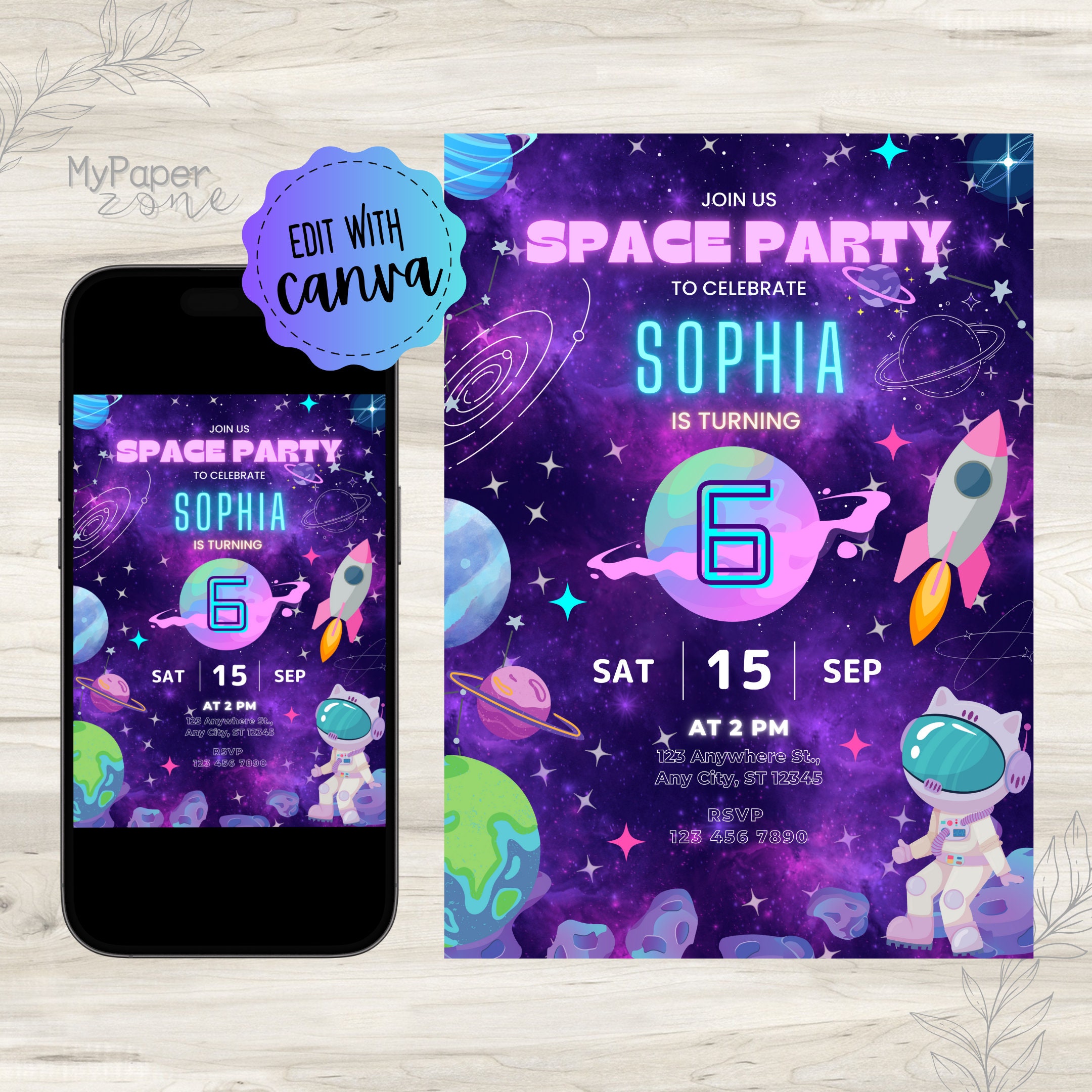 Girl Space Invitation, Girl Space Party Invitation, Rocket Invitation ...