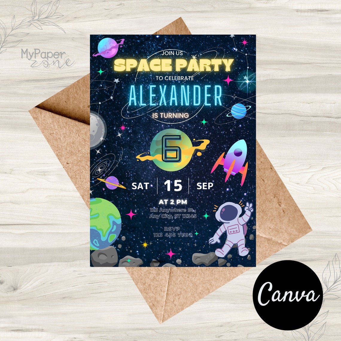Outer Space Birthday Invitation Template, Planets Rocket Ship Astronaut ...