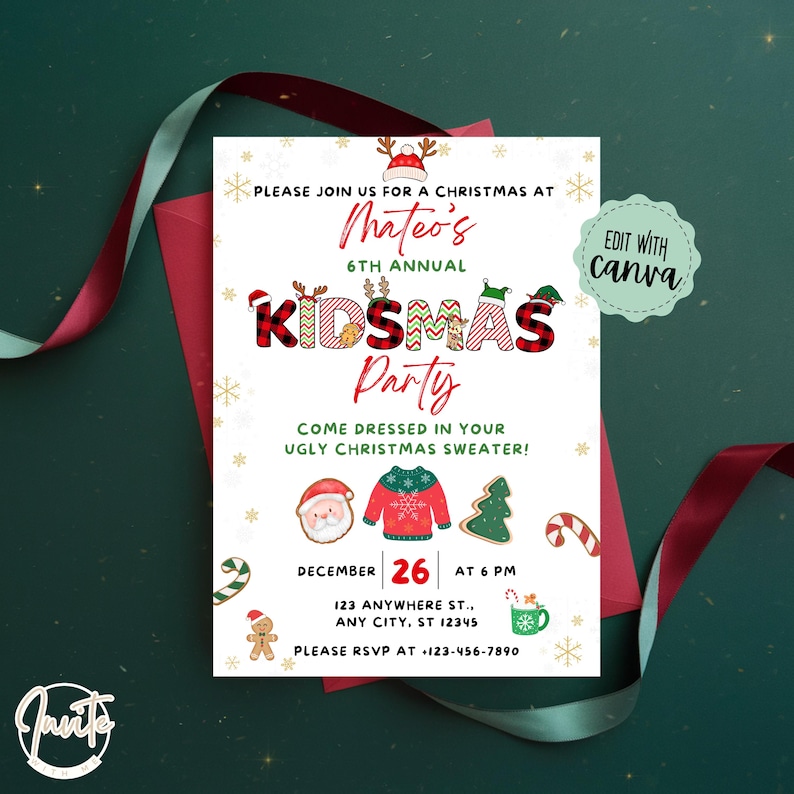 Kidsmas Christmas Invitation, Kids Holiday Party Invitation, Children's ...