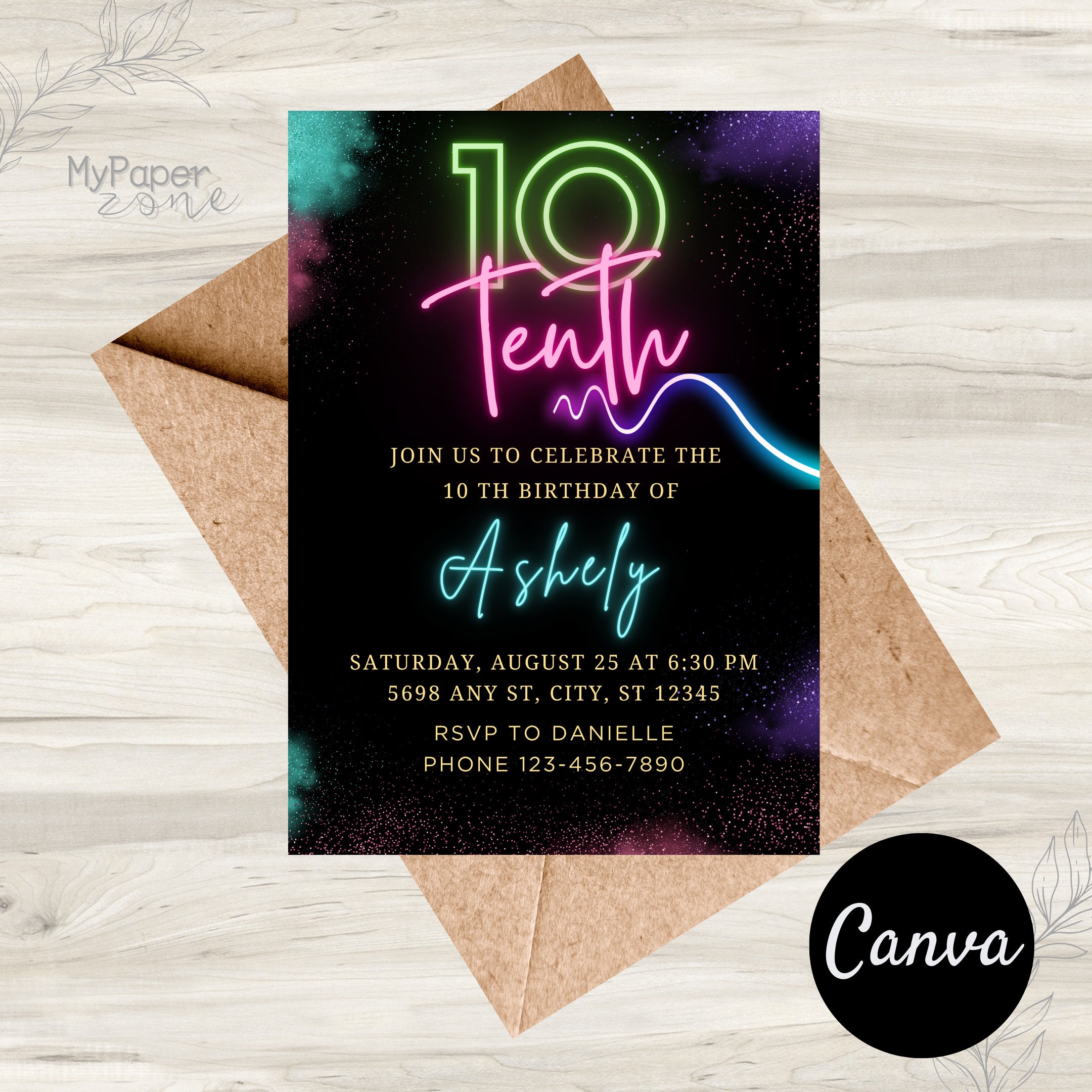 Neon Light Birthday Invitation, 10th Birthday Invitation, Tenth ...
