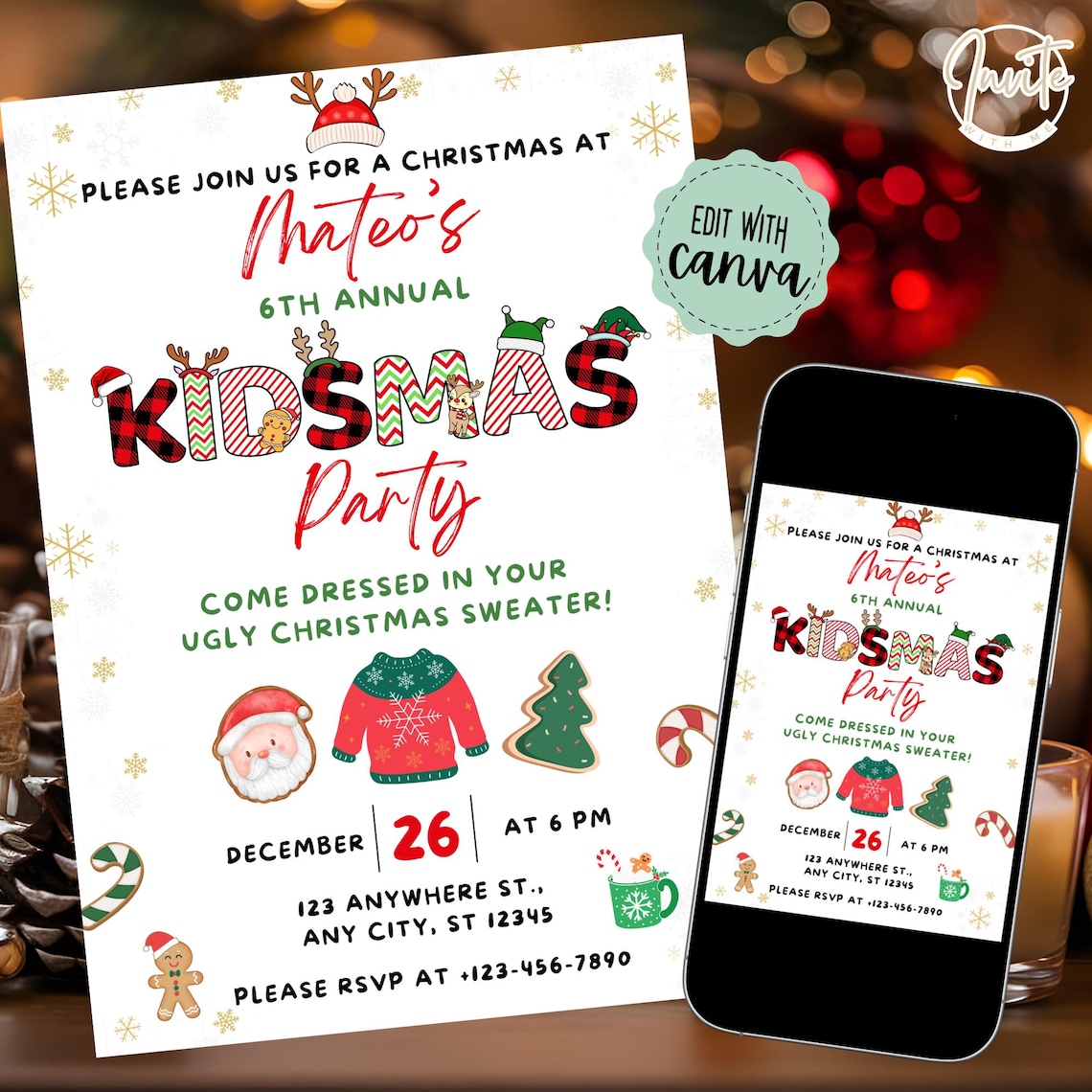 Kidsmas Christmas Invitation, Kids Holiday Party Invitation, Children's ...