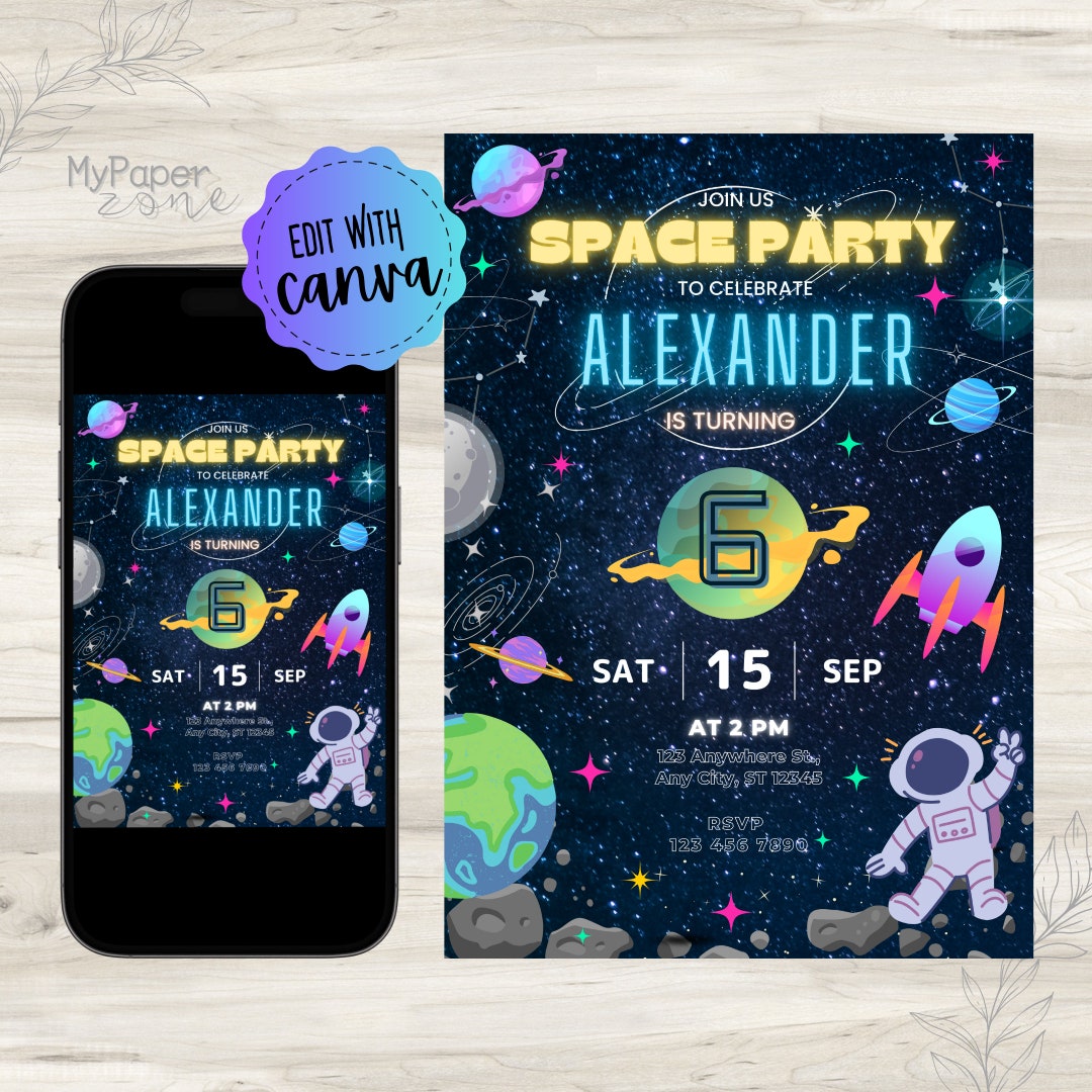 Outer Space Birthday Invitation Template, Planets Rocket Ship Astronaut ...