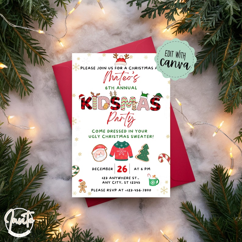 Kidsmas Christmas Invitation, Kids Holiday Party Invitation, Children's ...