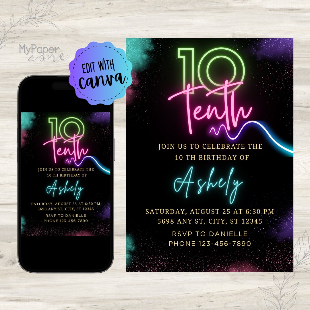 Neon Light Birthday Invitation 10th Birthday Invitation - Etsy