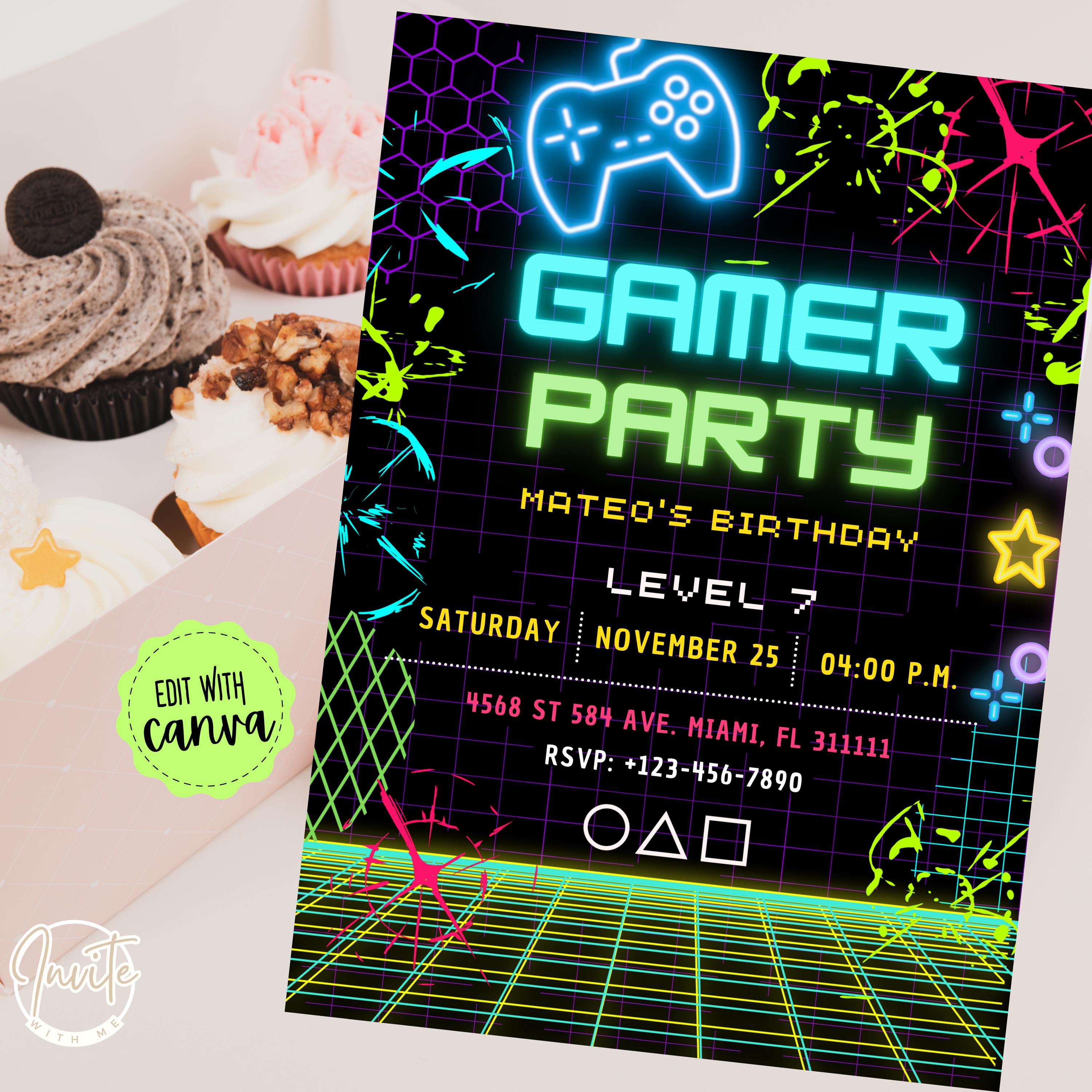 Gamer Party Birthday Invitation, Printable Neon, Glow Boy, Video Game ...
