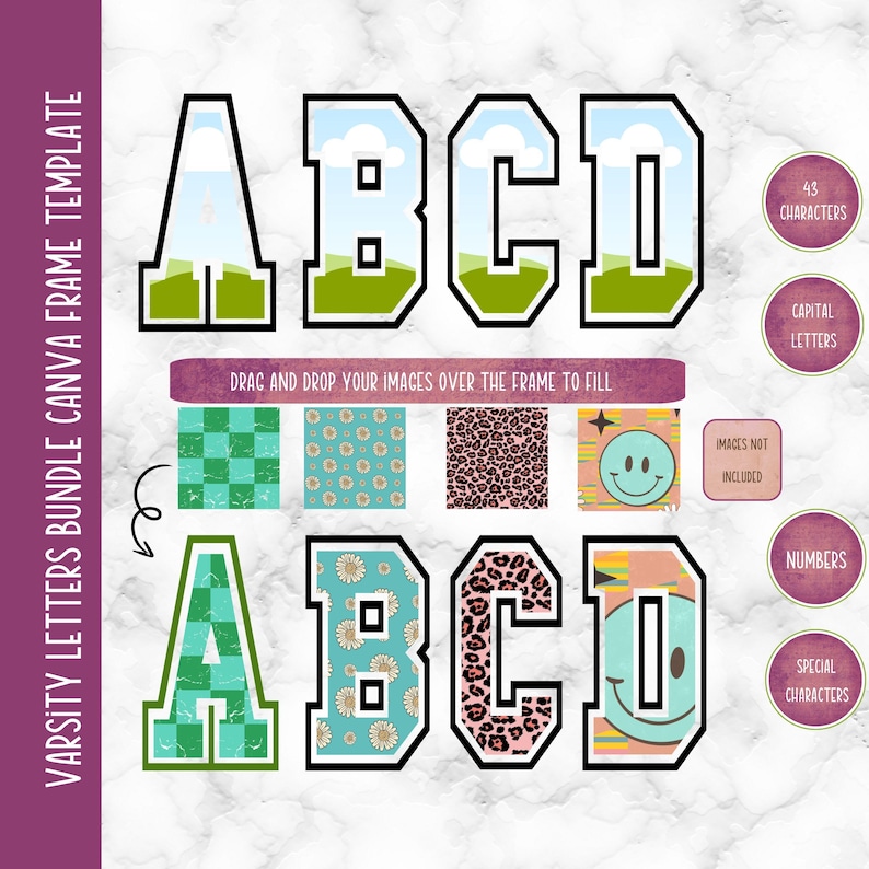 Varsity Alphabet Canva Frame Letters Numbers Template Drag and Drop ...