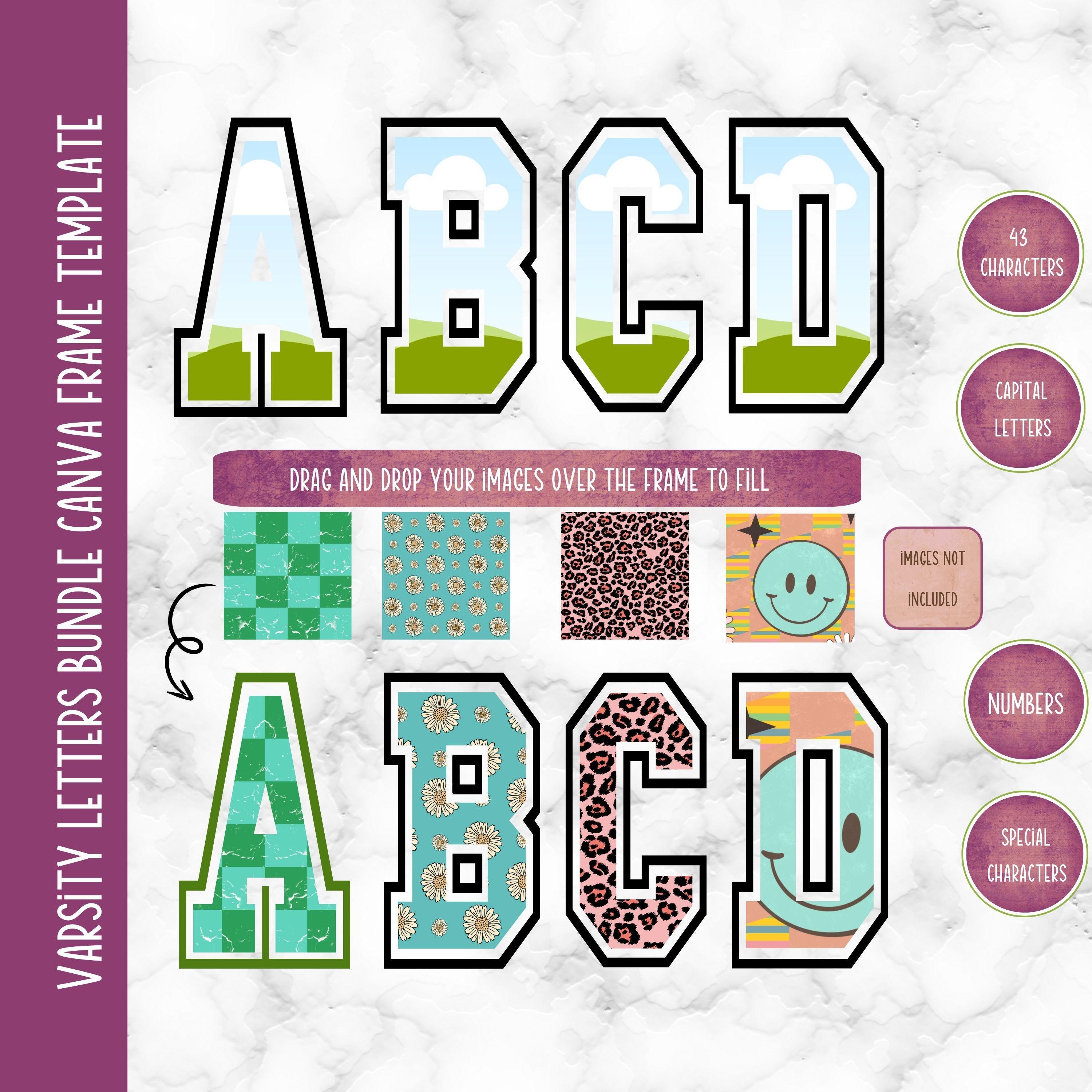 Varsity Alphabet Canva Frame Letters Numbers Template Drag and Drop ...