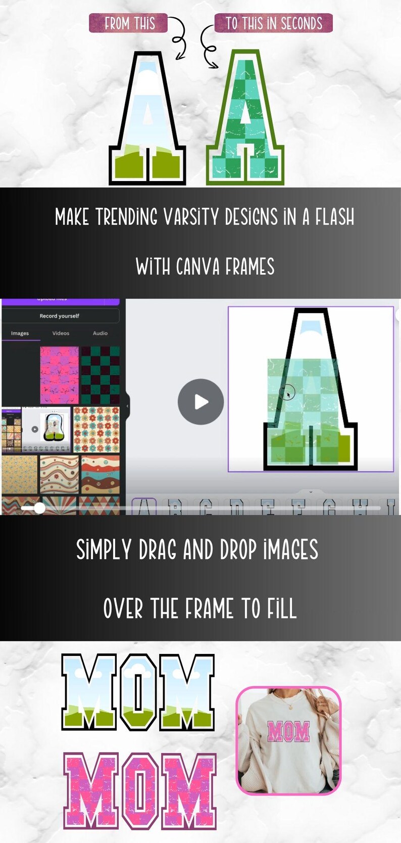 Varsity Alphabet Canva Frame Letters Numbers Template Drag and Drop ...