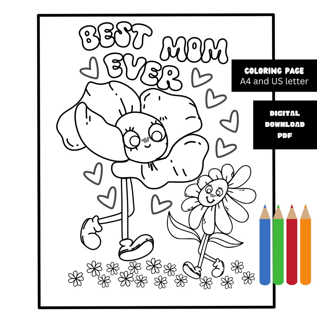 Retro Mothers Day Coloring Page for Kids Pdf Instant Download Best Mom ...