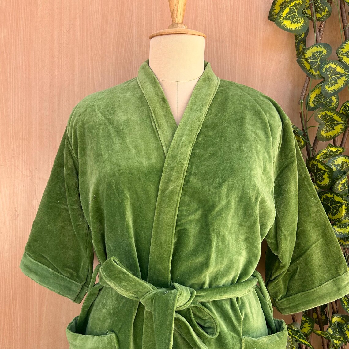 Kimono de terciopelo de algodón verde hecho a mano, ropa de estar por ...