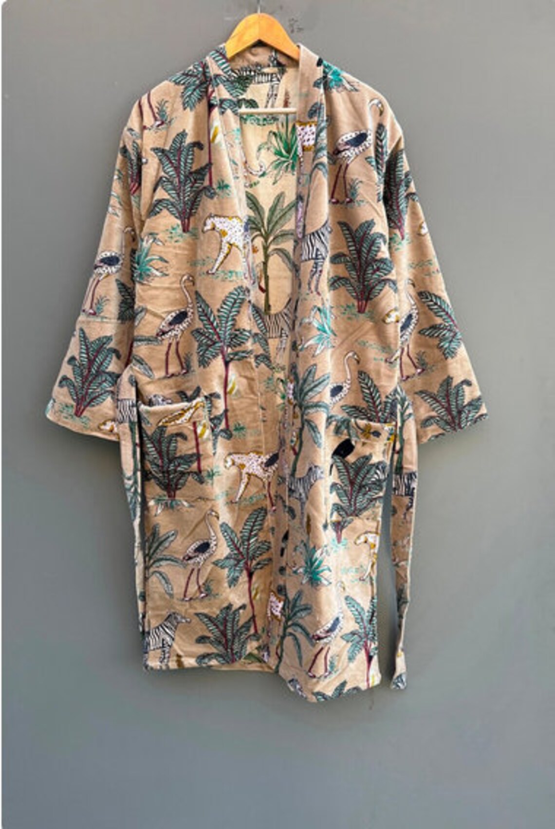 Green Jungle Print Velvet Kimono Robes, Morning Tea Velvet Coat ...
