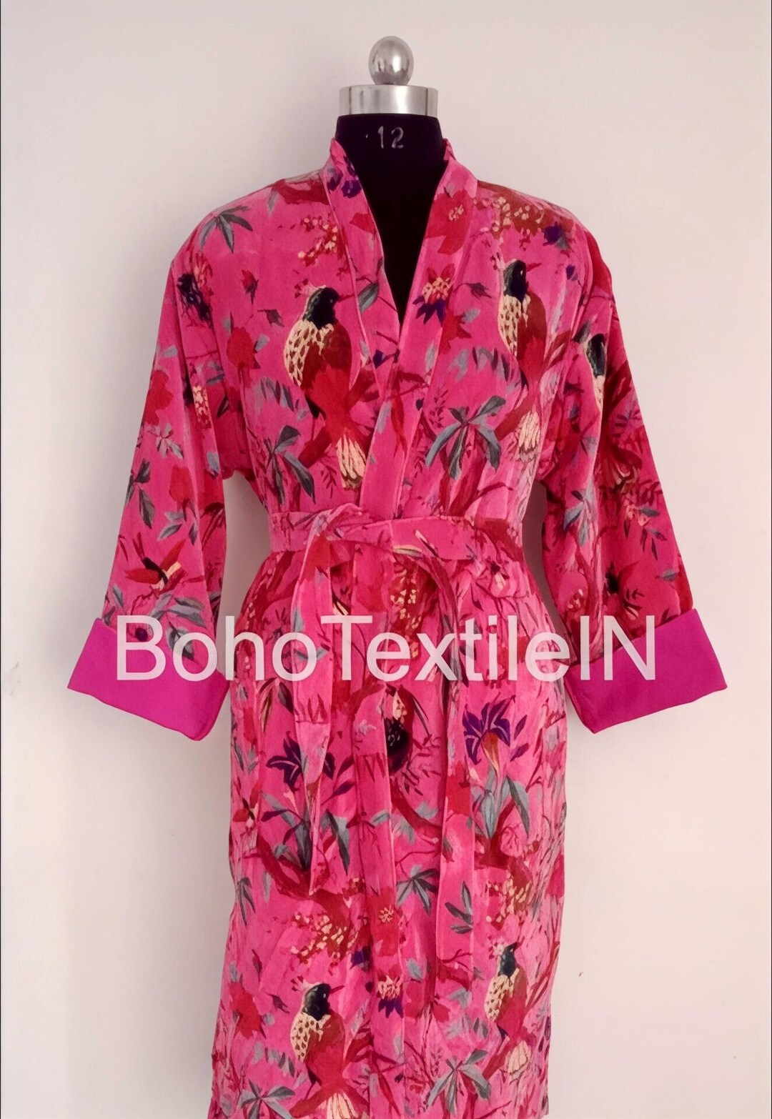 Pink Velvet Kimono Robe- Bird Floral Print Robe, Women Night Wear, Long ...