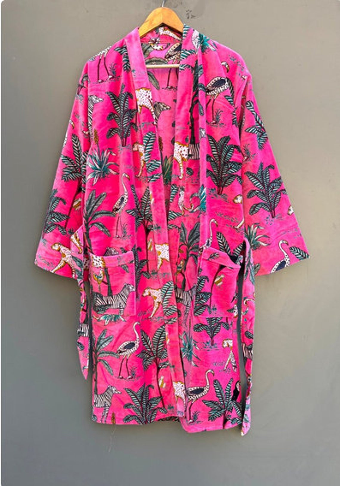 Green Jungle Print Velvet Kimono Robes, Morning Tea Velvet Coat ...