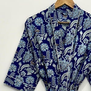 Handmade Navy Blue Floral Cotton Robe, Lightweight Dressing Gown ...