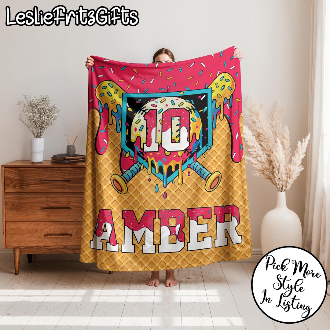 Personalized Ice Cream Drip Baseball Blanket, Custom Name Blanket Gifts ...