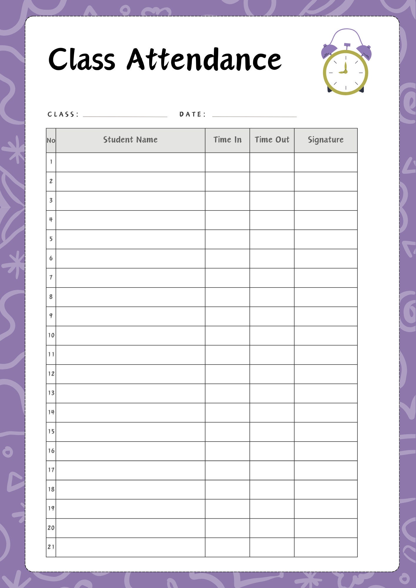Classroom Attendance Printable Form School Register Custom Class Roster ...