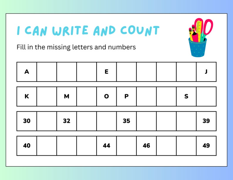 Grade 1 Math Worksheet: Missing Numbers & Letters (digital Download) - Etsy