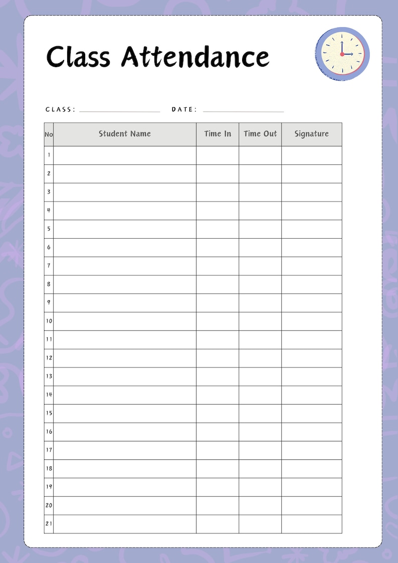 Classroom Attendance Printable Form School Register Custom Class Roster ...