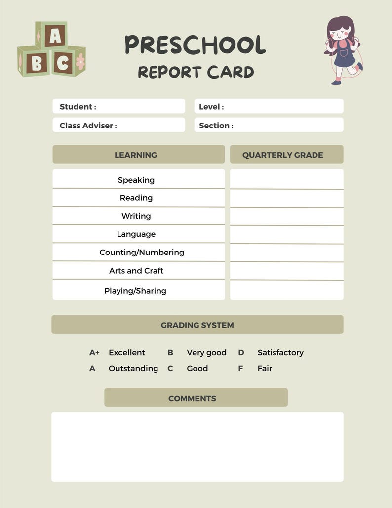 Preschool Report Card Template: Simple Homeschool Progress (digital ...
