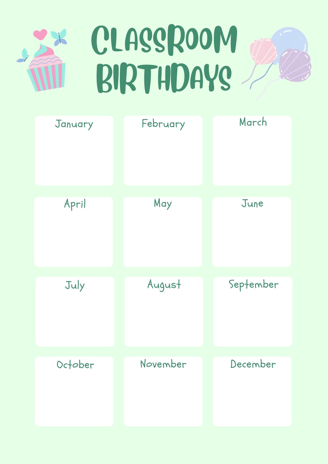 Classroom Birthday Poster Kids Birthday Months Celebrate Student ...