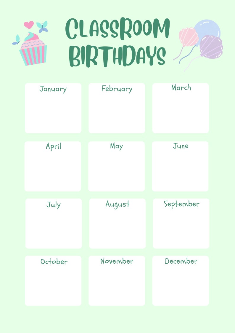 Classroom Birthday Poster Kids Birthday Months Celebrate Student ...