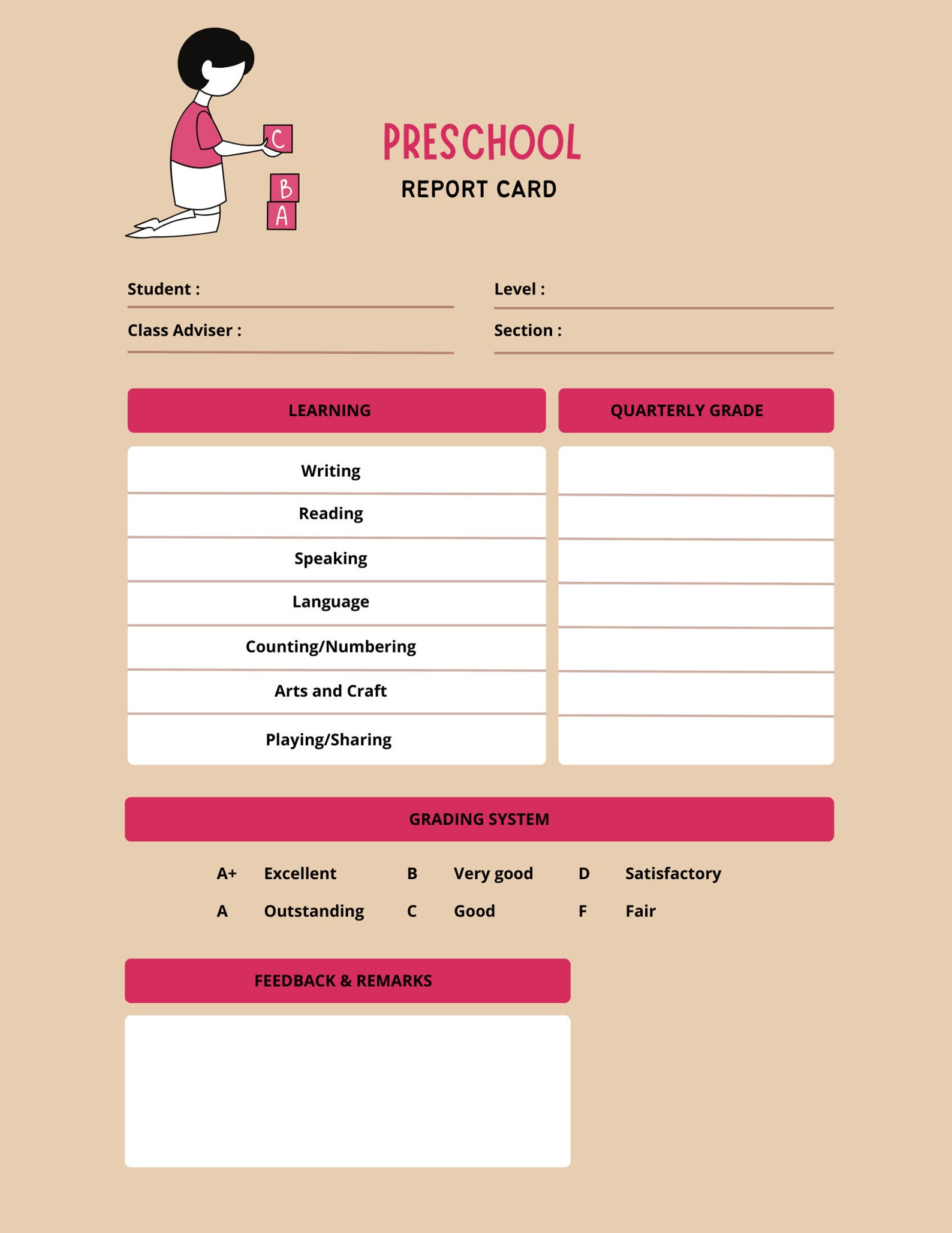 Preschool Report Card Template: Simple Homeschool Progress (digital ...