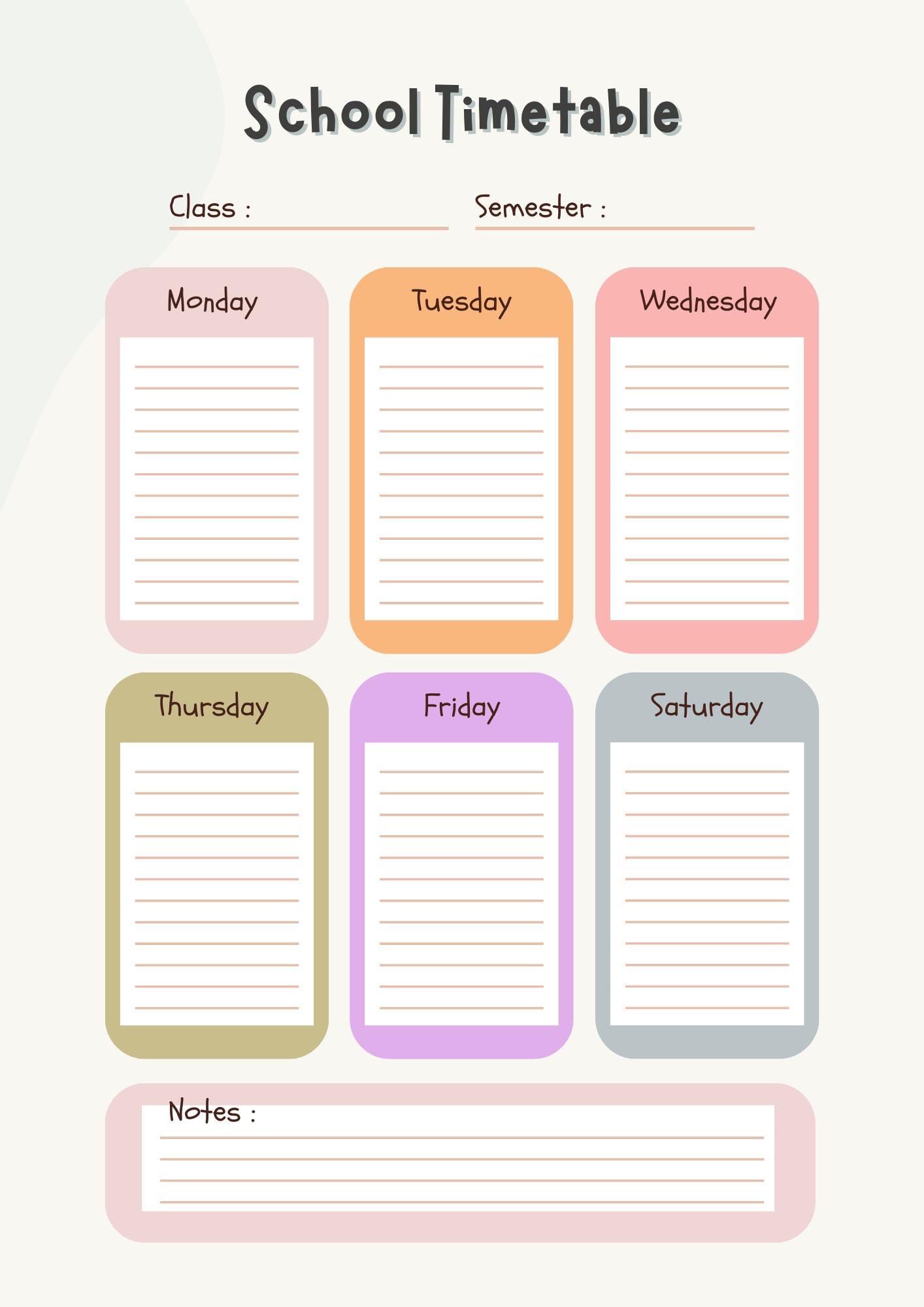 School Timetable for Kids Printable Weekly Class Schedule Back to ...