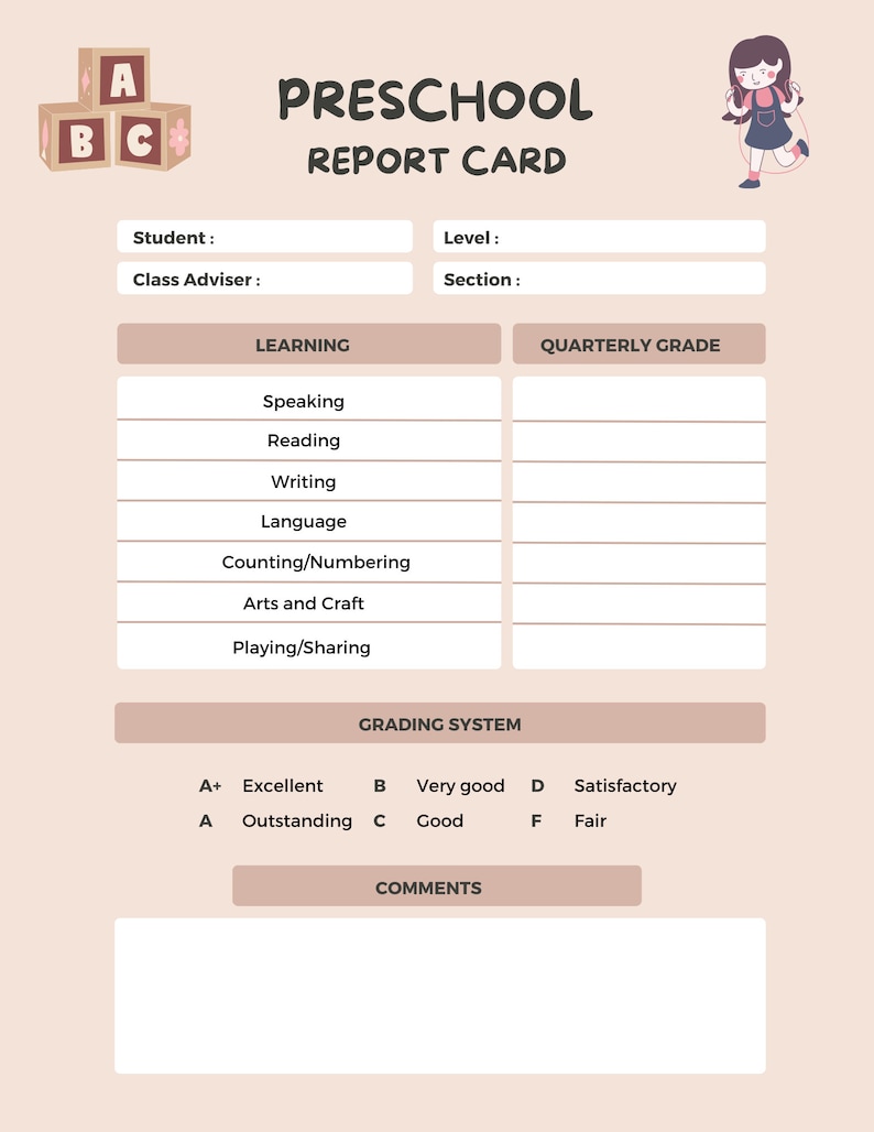 Preschool Report Card Template: Simple Homeschool Progress (digital ...