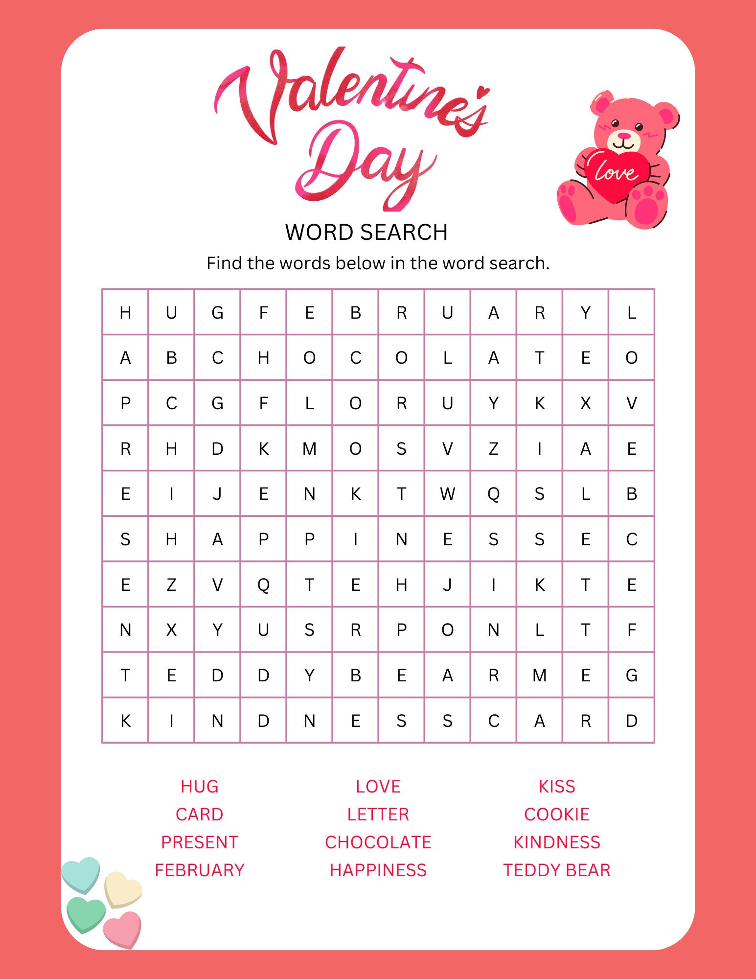 Valentines Day Word Search Puzzle School Home Printable Puzzle for ...