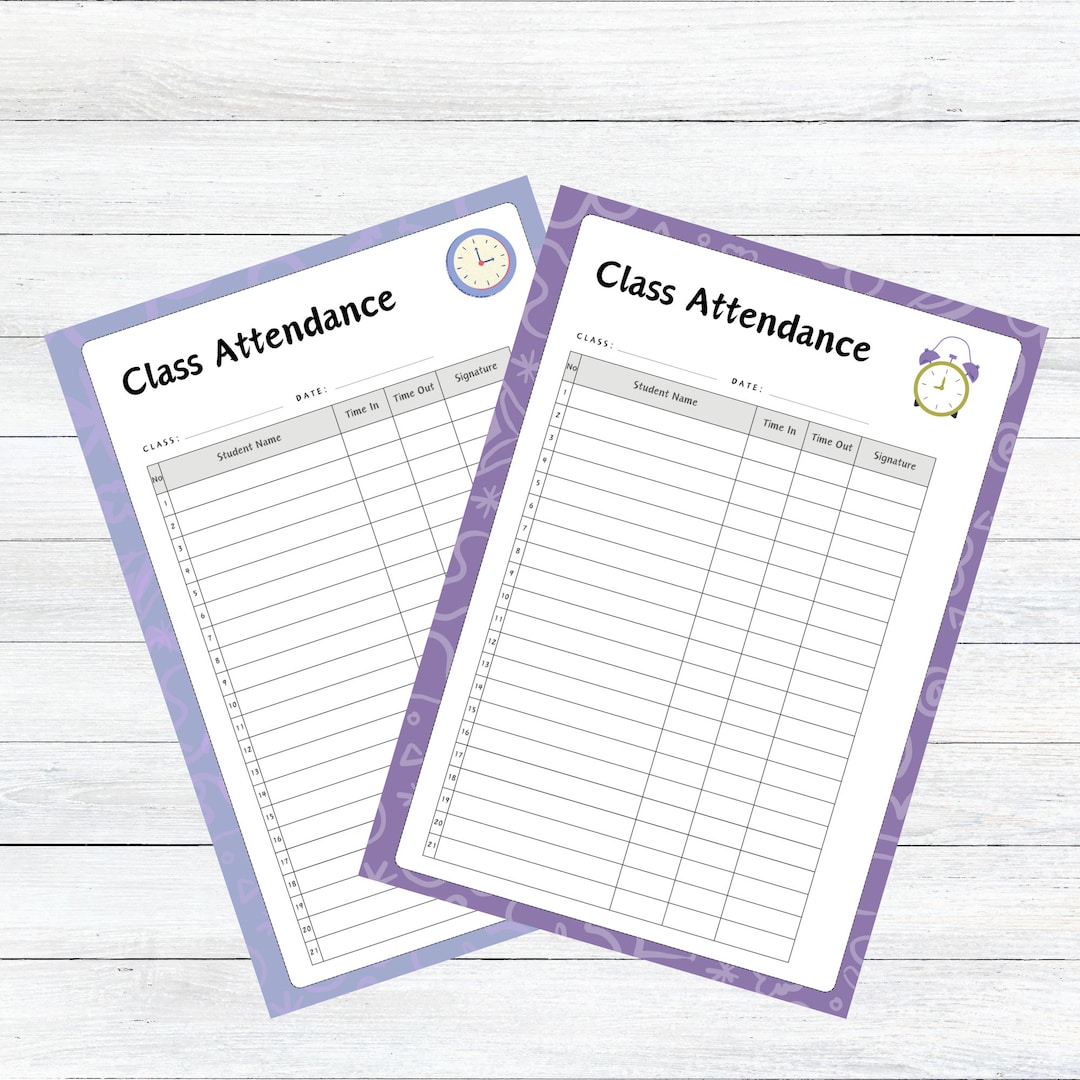 Classroom Attendance Printable Form School Register Custom Class Roster ...