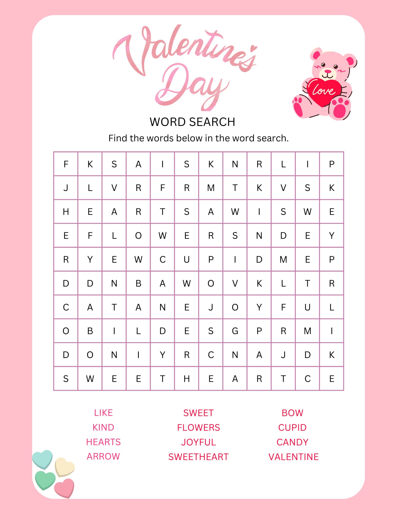 Valentines Day Word Search Puzzle, School Home Word Search, Printable ...