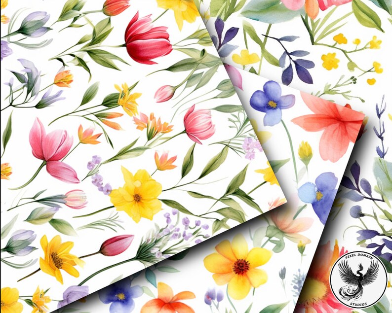 Colorful Floral Digital Paper, Seamless Backgrounds With Watercolor ...
