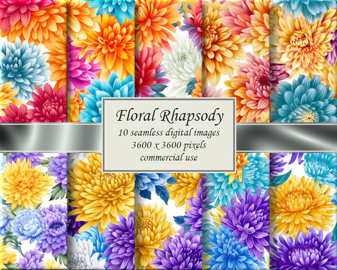 Colorful Floral Digital Paper, Seamless Backgrounds With Chrysanthemum ...